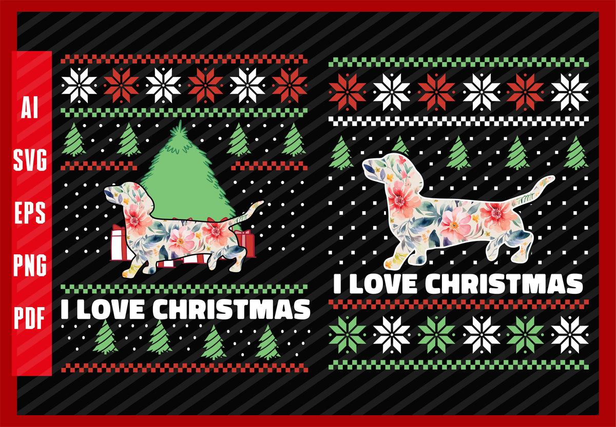 Floral Dachshund Dog Lover Design, Dog Lover, I Love Christmas T-Shirt ...