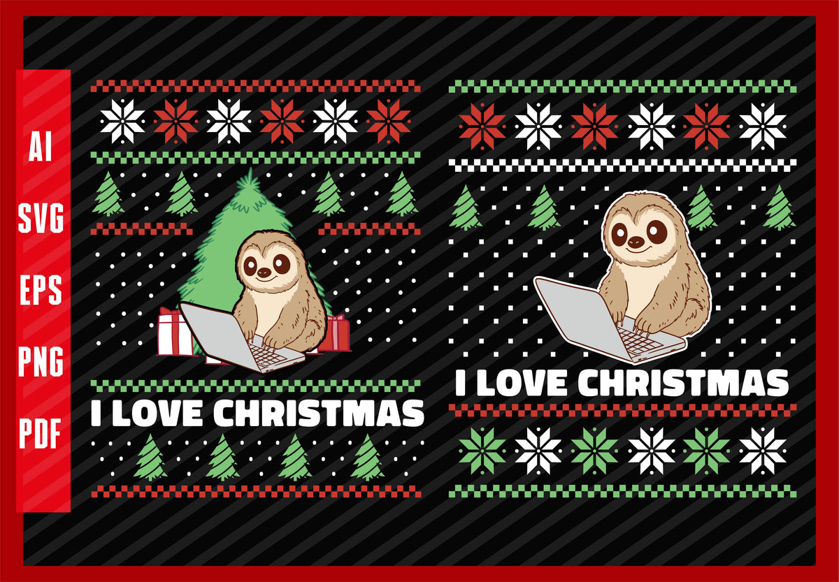 Sloth Using Computer Funny Animals Lover Design, I Love Christmas T-Sh ...